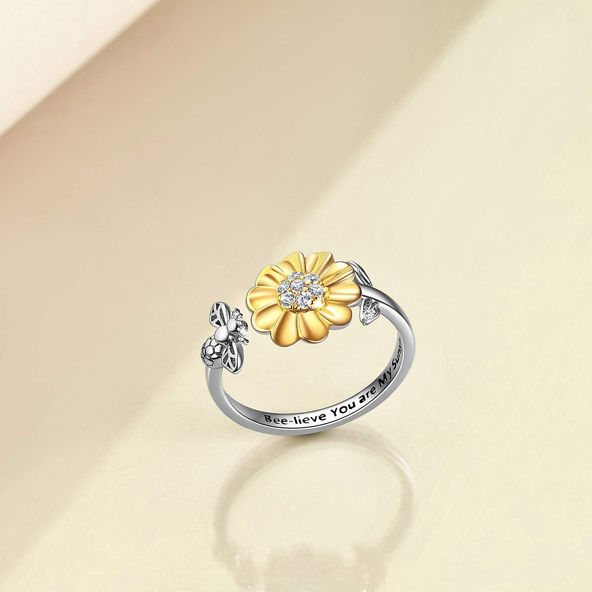 ONEFINITY Bee-live You Are My Sunshine Sterling Silver Sunflower Rings with Bee Open Adjustable Ring for Women