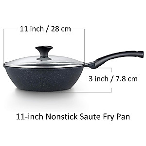 Cook N Home Nonstick Deep Frying Pan Saute Pan Skillet with Lid 11 Inch, Marble Wok Stir-Fry Pan Large Skillet Sauté Pan, Black