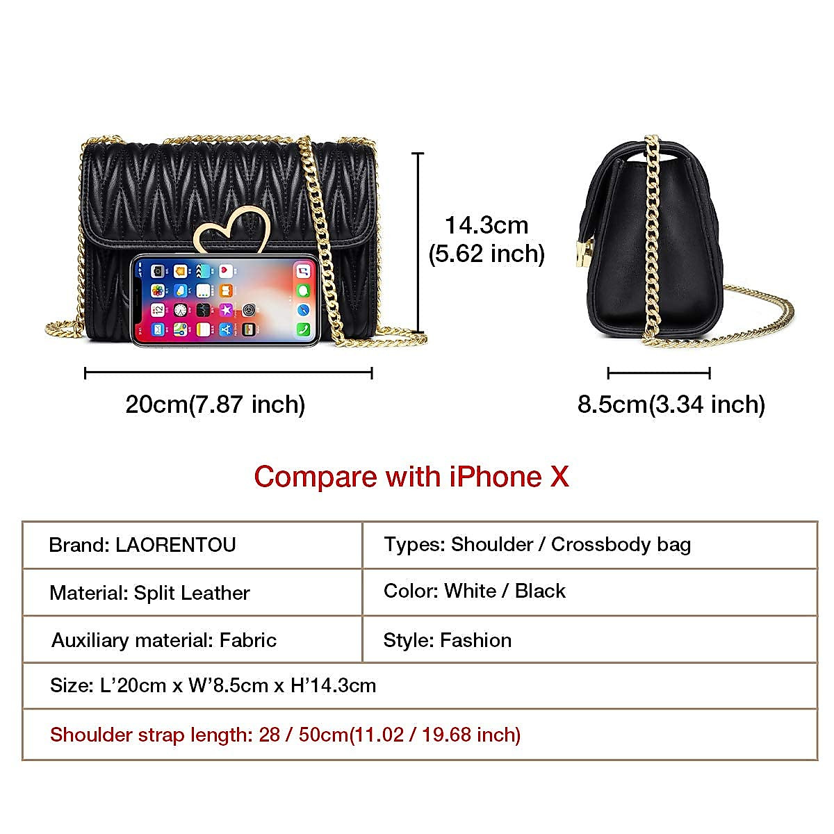 LAORENTOU Cowhide Shoulder Bag for Women Leather Small Satchel Crossbody Bag Quilted Purses With Chain Strap