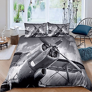 Erosebridal Airplane Bedding Set Aircraft Pattern Duvet Cover Full Size for Kids Boys Girls Aviation Aerospace Comforter Cover Grey Gray Soft Microfiber Quilt Cover for Child's Dorm Room