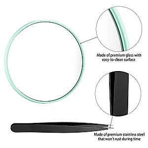 Funtopia Magnifying Mirror and Tweezers Kit, 10X and 20X Magnifying Makeup Mirrors with 2 Suction Cups, Compact Round Mirror Portable Magnifier Travel Set (Green)