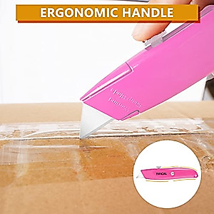 TIFICAL Box Cutter Retractable, Premium Utility Knife with Extra 10 Blades, Auto-Lock Razor Knife for Cartons, Cardboard, Boxes, Aluminum Shell Box Opener Box Cutter Knife for Home, Office, Pink