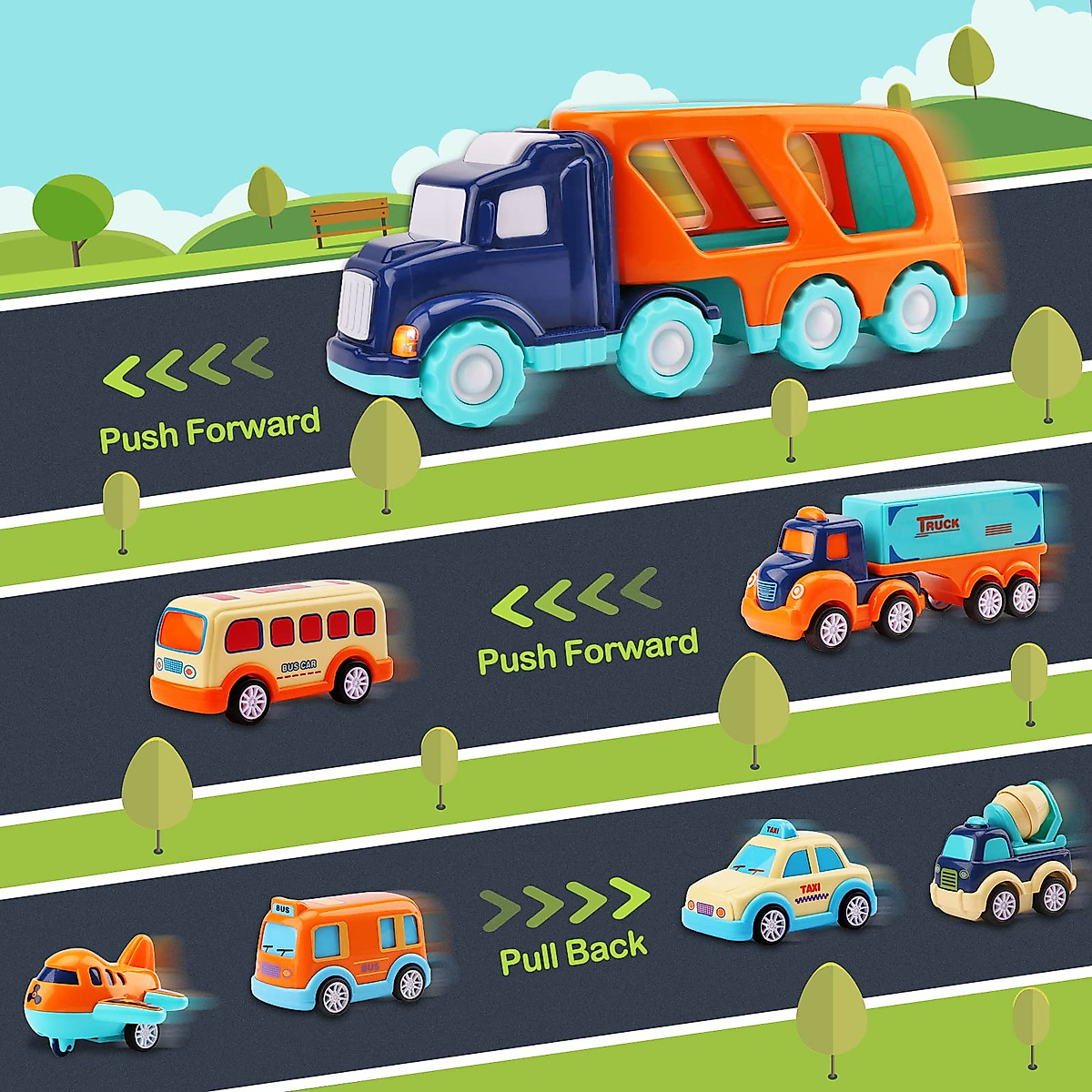 Kids Toys Cars Deluxe Playset : 1 Big and 8 Small Pull-Back Cars for Boys, Boy Toy Cars Playset with Sound and Light, Toys for 3 4 Year Old Boys, Christmas Birthday Gifts for Toddler Boys Girls