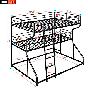 Triple Bunk Bed Full XL Over Twin Queen Metal Heavy-Duty 3 Beds Frame for Multi-Kids Boys Girls Teens Adults, Black