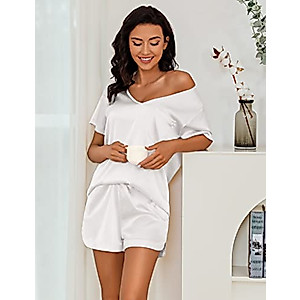 Litherday Women&#039;s Satin Pajama Set Silk Causal Short Sleeve Pj Shirt Lounge Shorts Sexy Pjs Soft V-Neck Sleepwear with Pockets White Medium