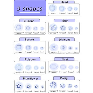 Fondant Cutters，Mini Plunger Cutter Cake Decorating Supplies,36pcs,Heart/Square/Oval/Circular/Polygon/Star/Diamond/Sunflower/Plum Flower,White