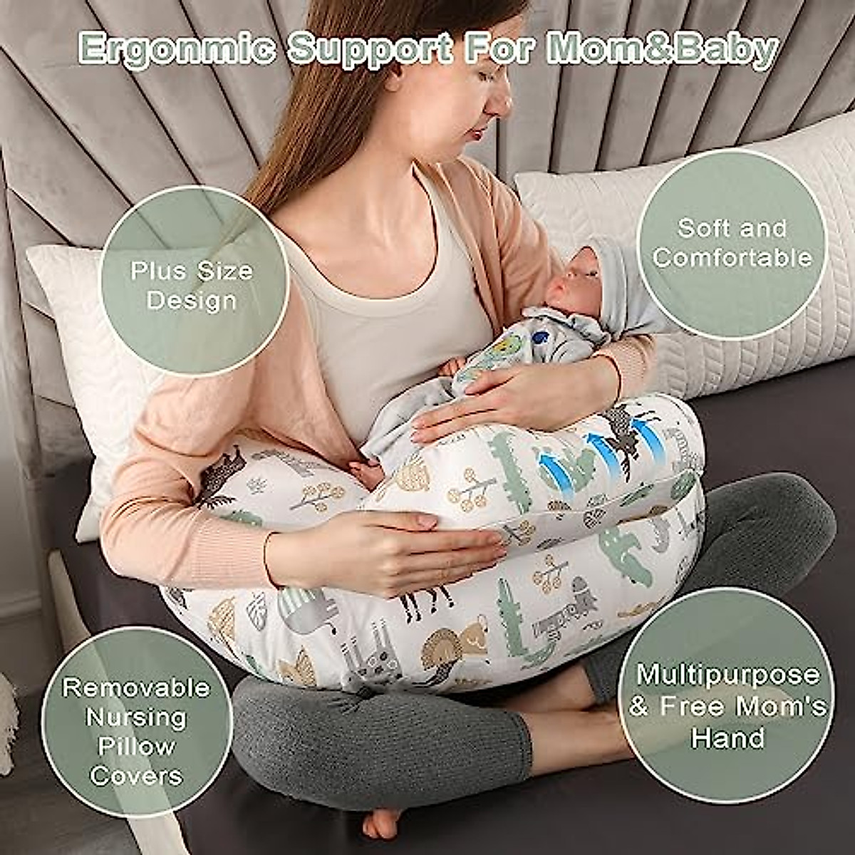 BATTOP Nursing Pillow for Breastfeeding,Bottle Feeding,Plus Size Breastfeeding Pillows with Adjustable Waist Strap Removable Cover,Extra Pillow on Top for More Support for Mom Baby
