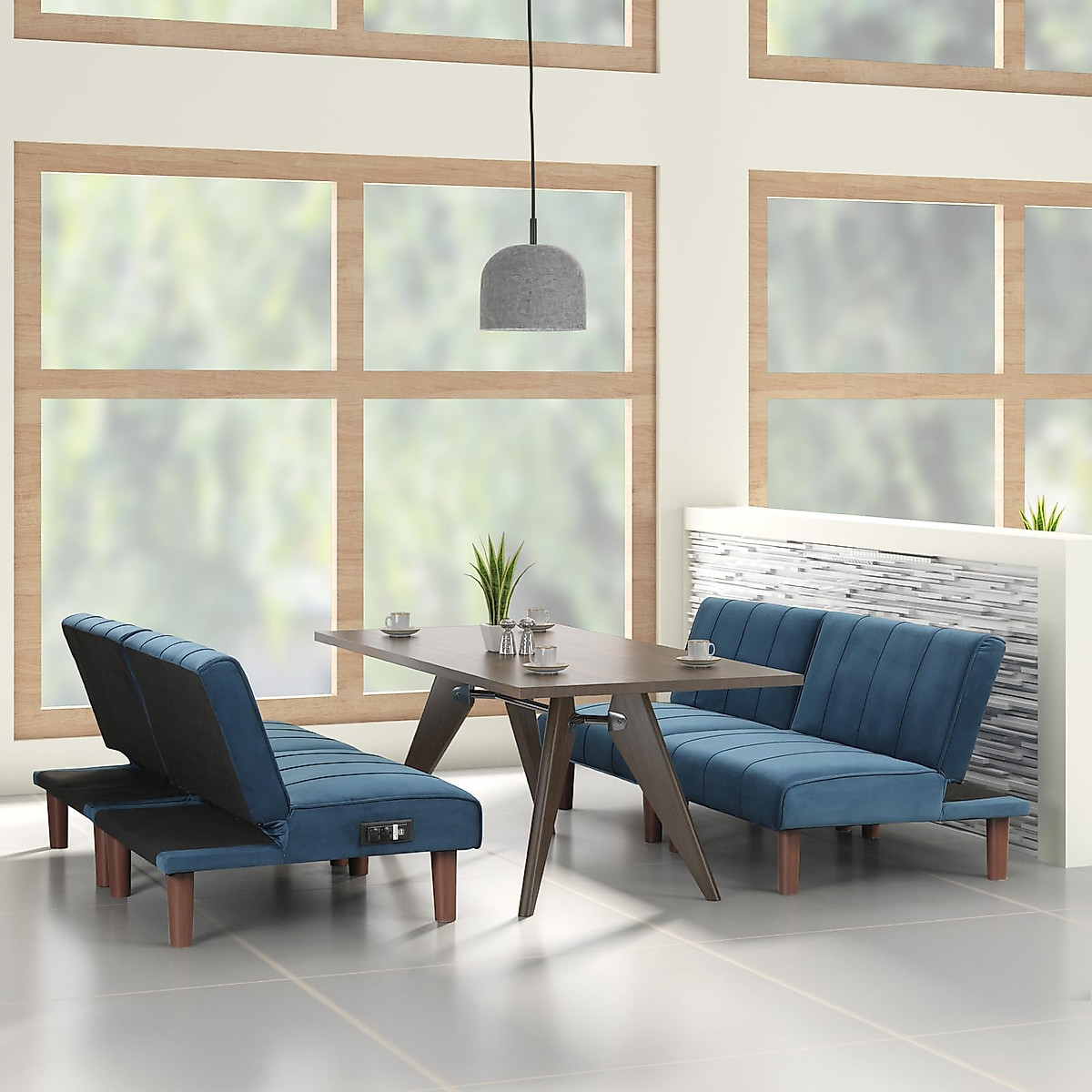 JUBILOOM Comfy Small Mini Couch, Recliner Futon, Armless Mini Sofa with Adjustable Backrest& 3 USB Port, Single Sofa Couches for Small Spaces, Living Room Office, Blue Velvet, 305BL1USB