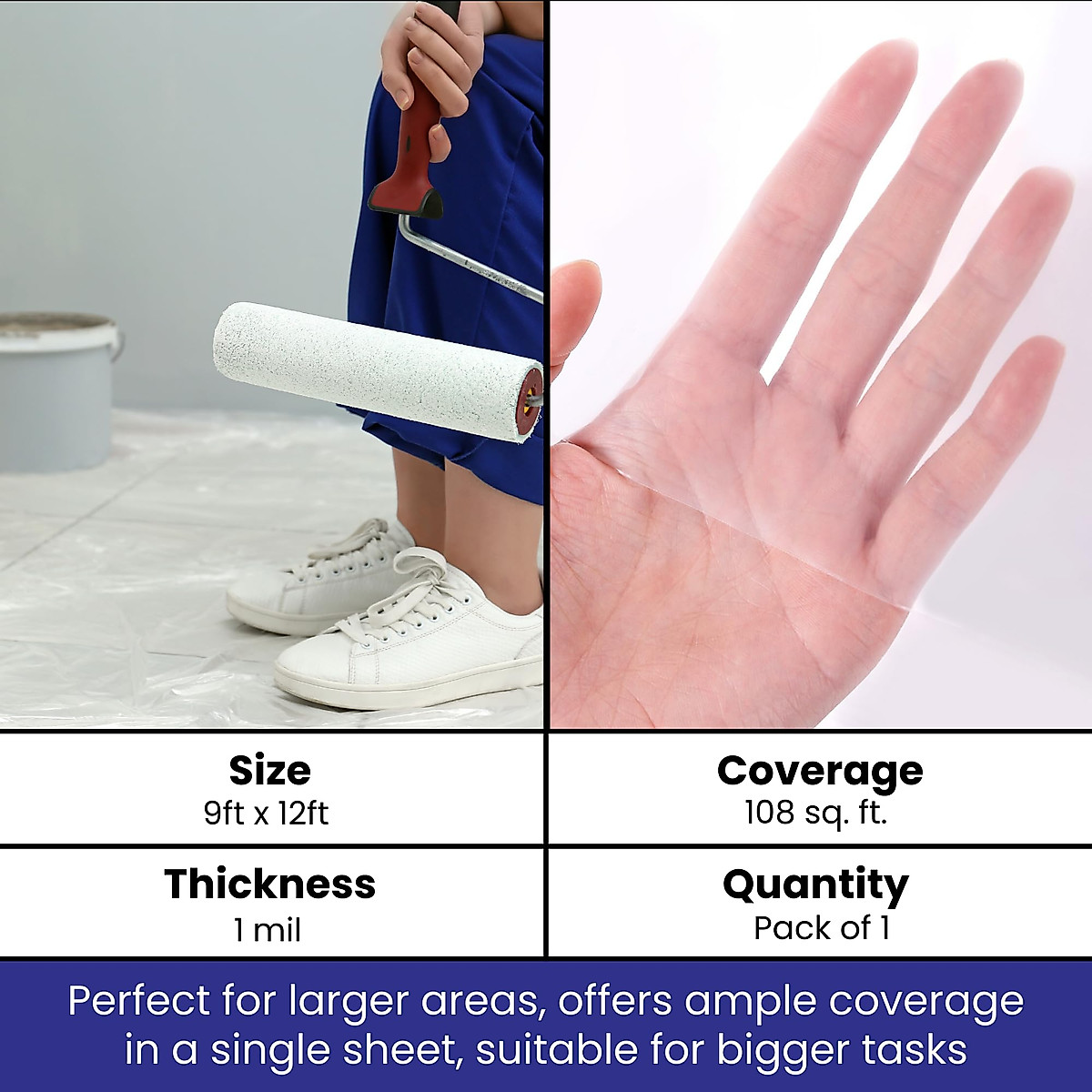 VicMore Clear Plastic Drop Cloth - Water & Dustproof, Odorless Plastic Sheet for Painting, Renovations, DIY Projects - Durable Paint Tarp with 1mil Thickness - Floor Covering & Dust Cover - 9 x 12’