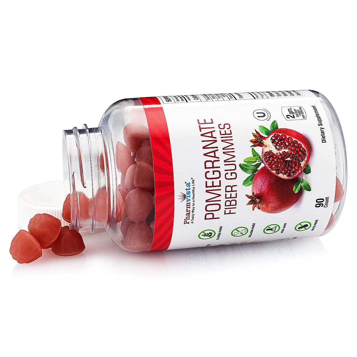 Pharmvista Pomegranate Fiber Gummies for Adults & Kids 100mg - Gluten Free Vegan Pomegranate Supplement Rich in Dietary Fiber Chewables Gummies- 90 Count