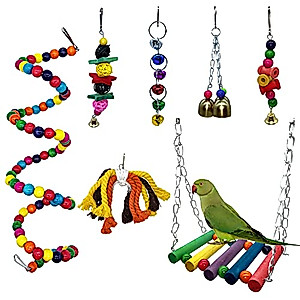 7Pcs Bird Parakeet Toy Chewing Hanging Toy Set, Parrot Cage Accessories Bird Swing Bird Ladder for Parrots Lovebird Cockatiel Conure