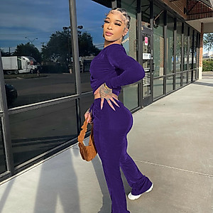 Womens 2 Piece Velour Hoodie Jogger Tracksuit Two Piece Outfits for Women, Long Sleeve Full-Zip Up Velvet Crop Tops Jacket Flared Pants Fall Lounge Matching Sets Sportswear Jogging Sweatsuit Pockets