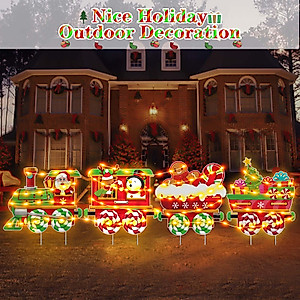 DONSAJI Christmas Train Yard Signs with 200 LED Lights - Xmas Tree Santa Gingerbread Snowman Train Set Lawn Signs with Metal Stakes for Holiday Lawn Garden Yard Outdoor Christmas Decorations, 4 Pack