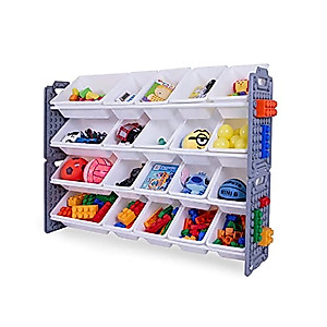 UNiPLAY Toy Organizer with 20 Removable Storage Bins, Multi-Bin Organizer for Books, Building Blocks, School Materials, Toys with Baseplate Board Frame (Gray)