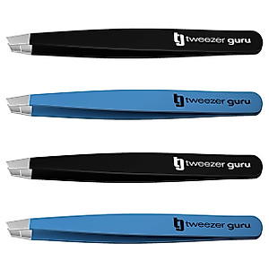 Tweezers Set - Tweezer Guru Stainless Steel Slant Tip Eyebrow Tweezers Set - Great Precision for Facial Hair, Ingrown Hair, Blackhead and Splinter Remover (4-Pack)