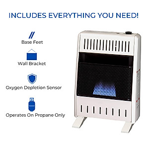 ProCom ML100TBA-B Ventless Propane Gas Blue Flame Space Heater with Thermostat Control for Home and Office Use, 10000 BTU, Heats Up to 500 Sq. Ft., Includes Wall Mount and Base Feet, White