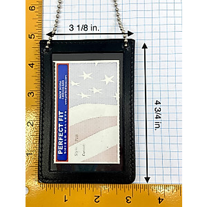 Neck Chain Double Sided ID Holder with 2 Clear Picture ID Windows, Leather Badge for Credential Pass to Wear Around The Neck for Police Law Enforcement, Business, Factory Worker (Black) (Vertical)