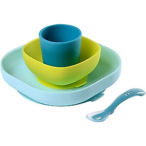BEABA Silicone 4 Piece Baby Feeding Set, Suction Plates for Baby, Includes Plate, Bowl, Cup, 2nd Stage Silicone Spoon, High Grade Food Safe Silicone, Peacock