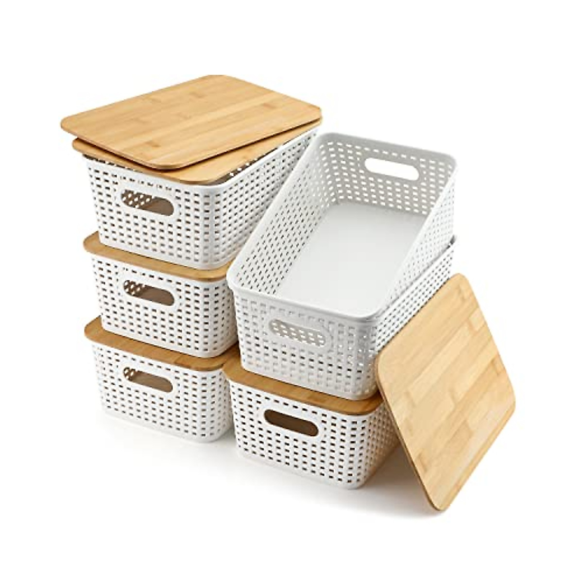 EOENVIVS Set of 6 Storage Baskets With Bamboo Lids, Plastic Storage Bins for Pantry Organization and Storage Containers for Shelves Drawers Desktop Closet Playroom Classroom Office Home, White