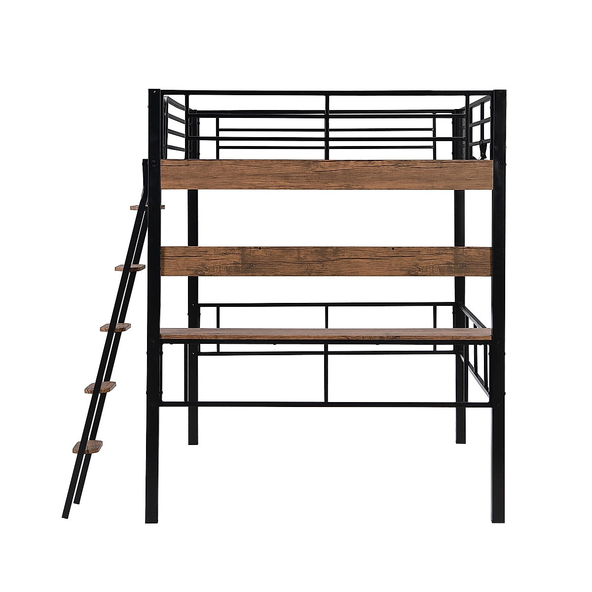 PRNDOLE Full Size Metal Loft Bed with Built-in Desk,Storage Shelf and Ladder for Adults Kids Teens,Black