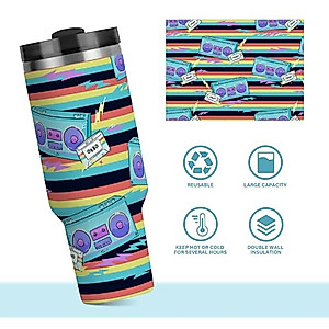 Exnundod Seamless Radio Tape Recorder Tumbler with Handle 30oz and Straw Cassette Music Insulated Tumblers Leak-proof Water Bottle for Car Travel