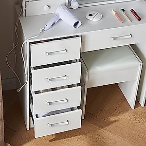 Buildonely Hollywood Makeup Vanity with 6 Drawers and 6 Display Shelves, White Vanity Set with USB Charging Station, Dressing Desk Set with Cushion Stool and Lighted Mirror for Girls and Teens.
