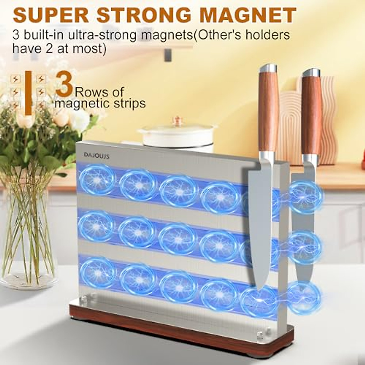 Magnetic Knife Holder Stand Block: Double Sided Magnetic Knife Holder Without Knifes Stainless Steel Knife Display Storage Rack for Kitchen Counter with Strong Enhanced Magnet and Wood Base - Silver