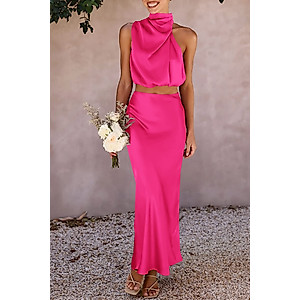PRETTYGARDEN Women's 2 Piece Satin Outfits Summer Sleeveless Mock Neck Crop Tops and Long Skirt Dress Sets (Rose Red,Small)