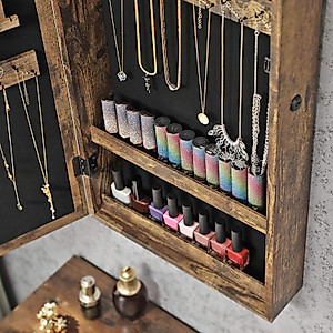 SONGMICS Lockable Jewelry Cabinet Armoire with Mirror, Wall-Mounted Space Saving Jewelry Storage Organizer, Rustic Brown UJJC051K01