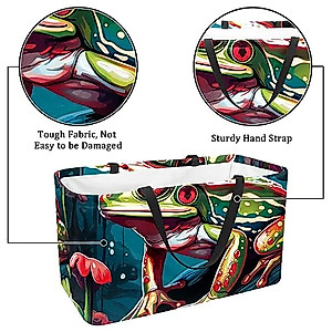 Reusable Grocery Bags Boxes Storage Basket, Red Eye Frog Pattern Collapsible Utility Tote Bags with Long Handle