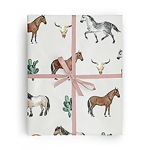 REVEL & Co Western Horses Birthday Gift Wrap by Hoot LeRoux—Horse Wrapping Paper Folded flat, 27 x 39 inches—Cowboy Wrapping Paper with Horses, Cowboy Boots, Cow Skulls, and Cactus