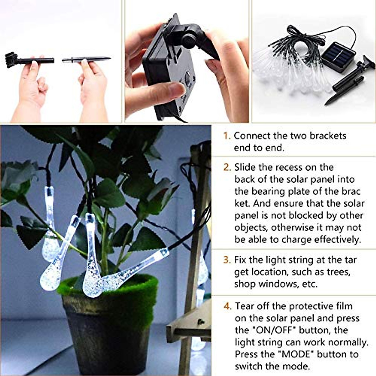 GOODTRADE8 Solar Party Lights Outdoor，Solar String Lights Water Drop Lights 20 Feet 30 LED Tear Drop Lights Party, for Garden Fence Tree Yard Porch Home Party Wedding Christmas Decoration (White)