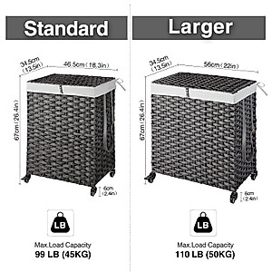Greenstell Laundry Hamper with Wheels, No Install Needed, 110L Divided Handwoven Hampers & 2 Removable Liner Bags, Rattan Clothes Laundry Basket with Lid & Handles, Foldable Hampers Gray 22x13x26.4 In