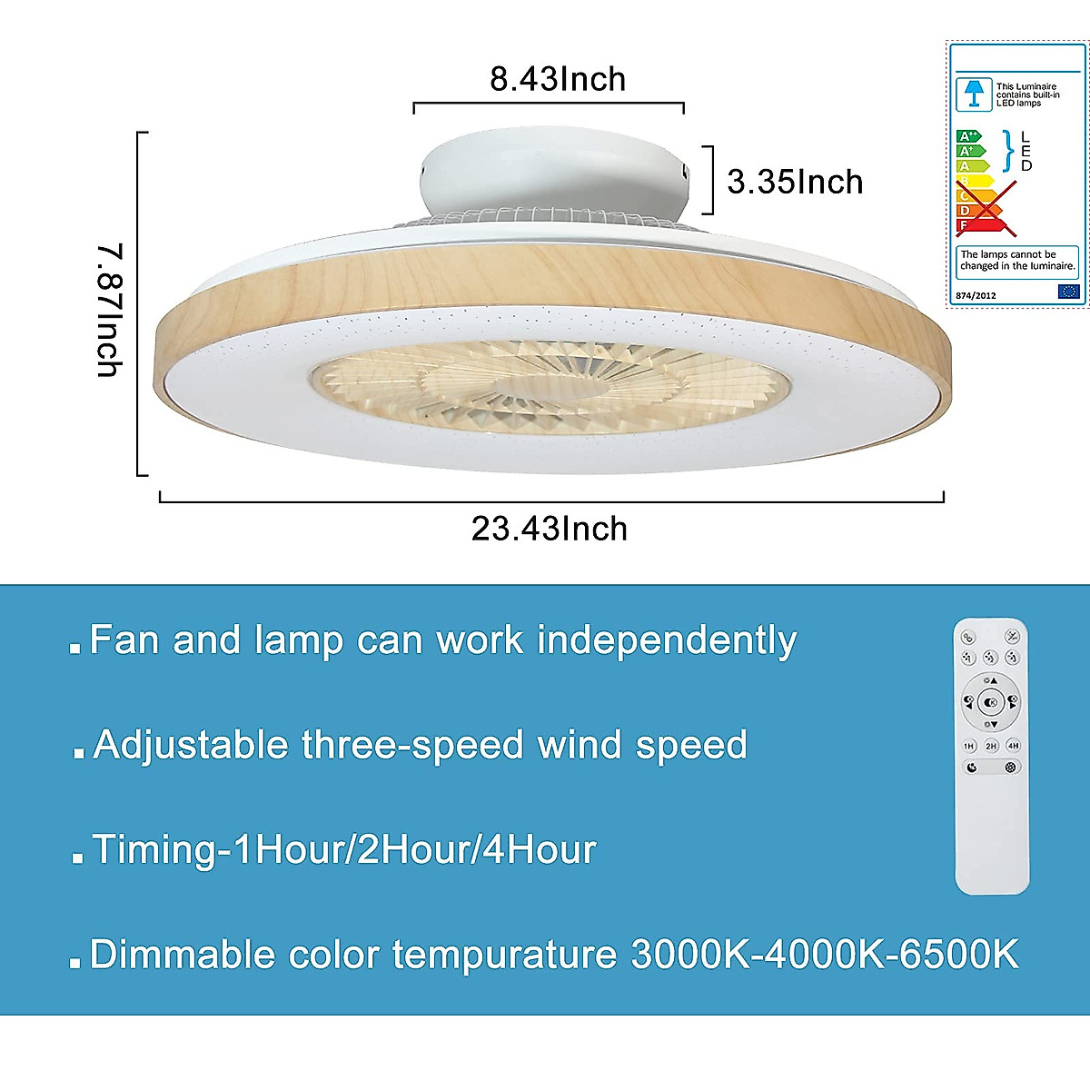 Anresun 23" LED Ceiling Fan with Lights, for Indoor Kitchen Bathroom Bedroom, Dimmable with Remote Control, 3 Files, Adjustable Wind Speed, Modern Ceiling Fan