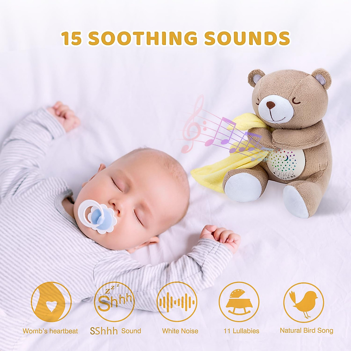 BEREST Rechargeable Baby Sleep Soother Bear, Infant Cry Sensor with Mom's Heartbeat Lullabies & White Noise Sound, Nursery Decor Night Light Projector Toddler Crib Sleeping Aid, Baby Shower Gifts