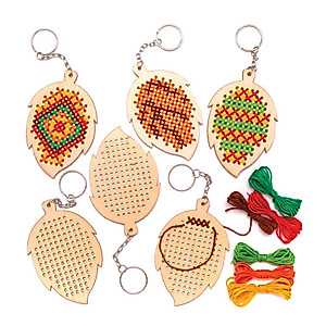 Baker Ross AW843 Leaf Wooden Cross Stitch Keyring Kits - Pack Of 5, Fall And Winter Arts And Crafts