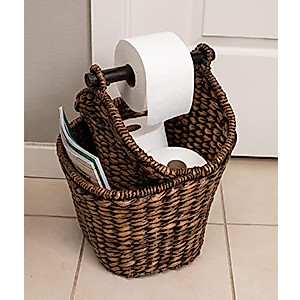 BirdRock Home Seagrass Magazine and Bathroom Basket - Hand Woven Toilet Paper Holder with Pocket - Grey Wash - Stylish Decorative Design - Wooden Basket Décor - Dispenser