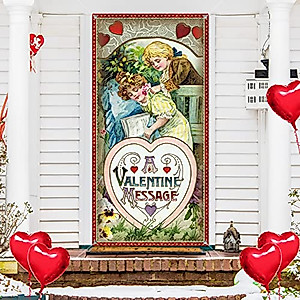 Valentine's Day Door Cover Decoration Vintage Happy Valentine's Day Backdrop Decoration Large A Valentine Message Banner Hanging Decoration for Front Door Valentine's Day Party Supply 70.9 x 35.4 Inch