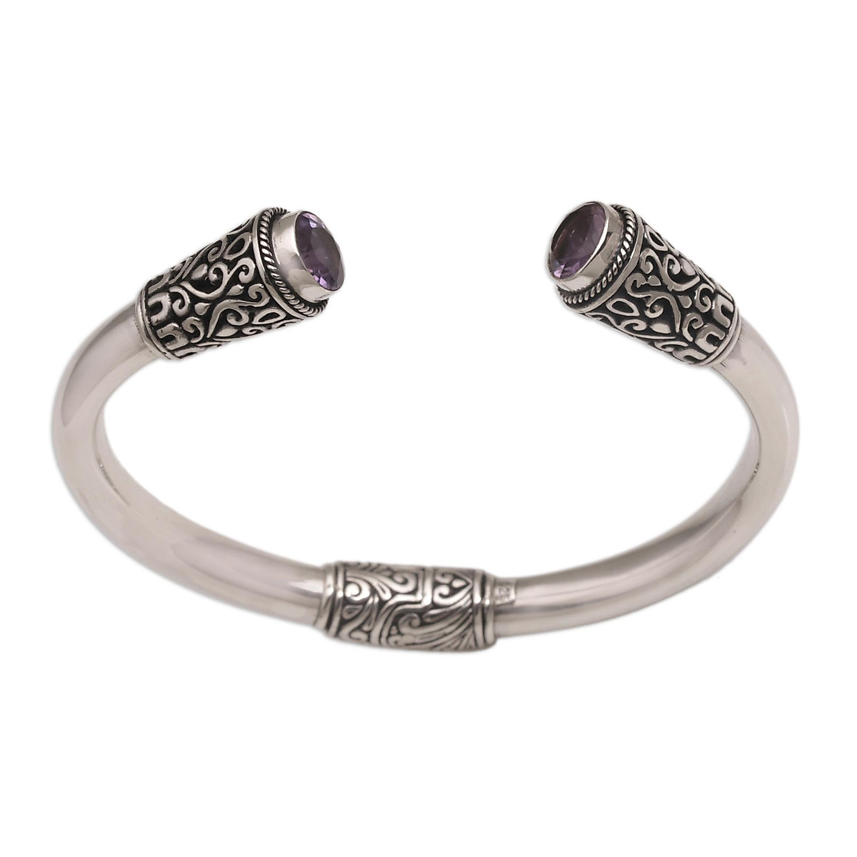 NOVICA Artisan Handmade Amethyst Cuff Bracelet Sterling Silver from Bali Purple Indonesia Birthstone [6 in L (end to End) x 0.4 in W] ' Daylight Altar'