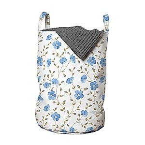 Ambesonne Flower Laundry Bag, Field Flowers Ornate Sunshines Blooms Vacation Swirl Design, Hamper Basket with Handles Drawstring Closure for Laundromats, 13" x 19", Blue Reseda Green