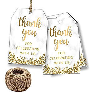 Thank You for Celebrating with Us Tags, 100Pcs Marble Pattern Thank You Gift Tags with 100 Feet Natural Jute Twine for Wedding, Birthday, Baby Shower Party Favors, Paper Gift Tags.