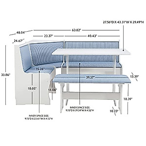 Linon Upholstered Seats and Hidden Storage Kiera Kitchen Corner Dining Nook, White and Blue Stripe
