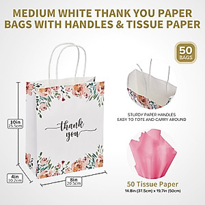 50 Pack Medium White & Spring Floral Thank You Paper Gift Bags with Handles 10 x8 x4 Inches and Pink Tissue Paper for Small Business Wedding Baby Shower Birthday Party Favors Goodies