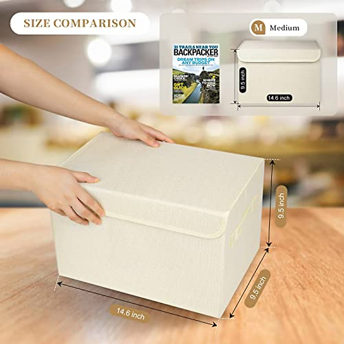 Bagnizer Collapsible Storage Bins with Lids, [1-Pack] Medium 22 Quart Linen Fabric Storage Boxes with Lids  for Home Bedroom Office (14.6 x 9.5 x 9.5, Beige)