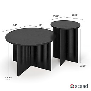 Round Fluted Nesting Coffee Table - 2 Piece Coffee Table Set - Living Room Furniture - Modern Home Decor - Solid Wood Base and Wood Grain Veneer Top (Blackened Oak)
