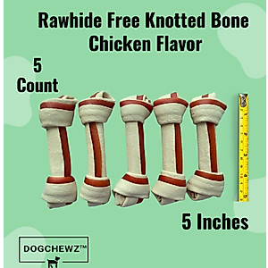 DOGCHEWZ™ Rawhide Free Knotted Bone Dog Chew Treats for Small & Medium Dogs - Size 5 inches (5 Count/Bag) - Chicken Flavored - Gluten Free
