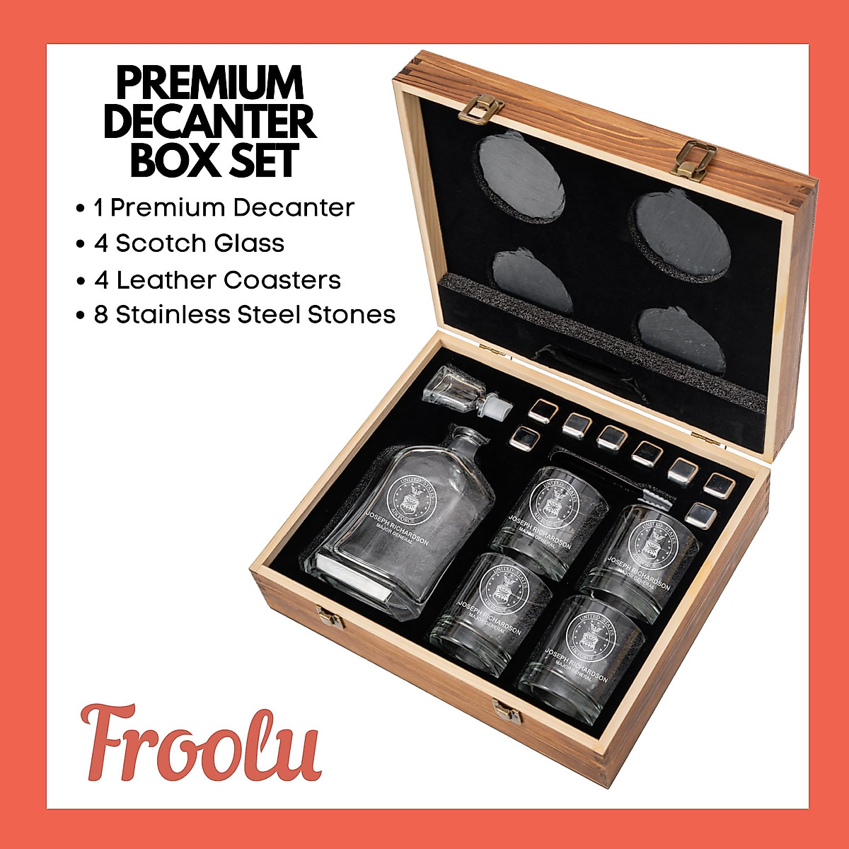 Personalized Whiskey Decanter Sets - For Military, Army, Navy, Air Force, Coast Guard, Marine - Active, Retired - Gift for Husband, Dad, Son - Custom Engraved Name, Rank, Date