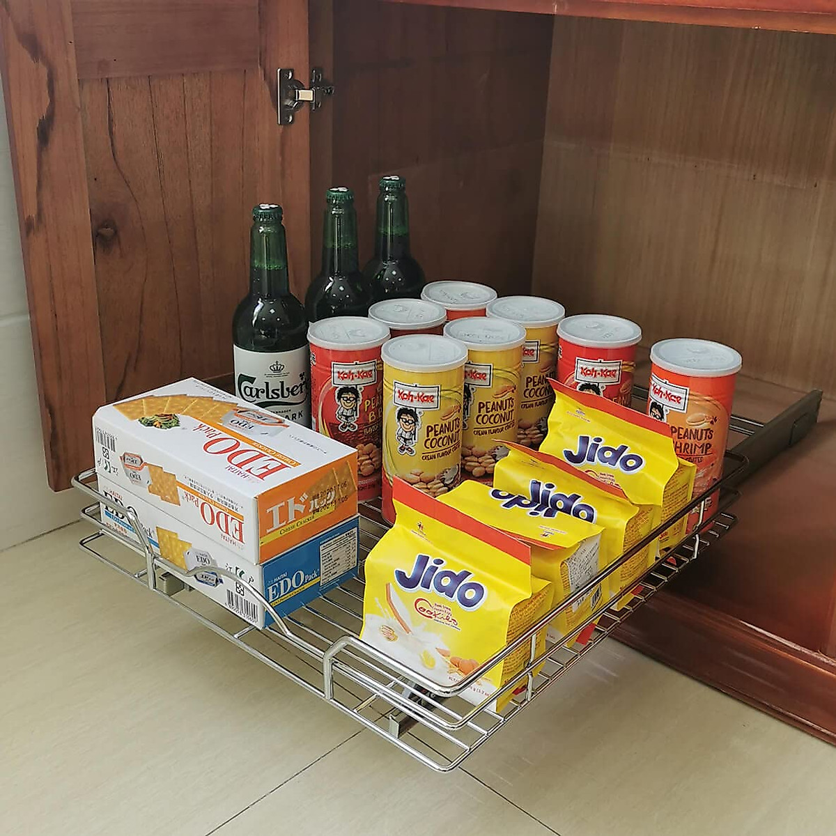 Pull Out Cabinet Organizer（14"W x 18"D x 5"H ), Heavy Duty Pull Out Shelves for Kitchen Cabinets, Chrome Finish