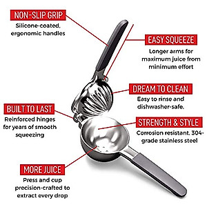 Lemon Squeezer Stainless Steel Press - Ergonomic, Manual Non-Slip Grip Design - Effortless Pro-Grade Lemon, Lime, Orange, and Citrus Fruit Hand Held Juicer - Fewer Seeds, More Juice