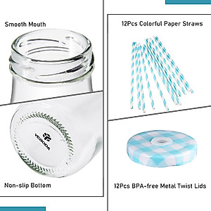 YEBODA 11oz Glass Milk Bottles with Reusable Metal Twist Lids and Straws for Beverage Glassware and Drinkware Parties, Weddings, BBQ, Picnics, Set of 12